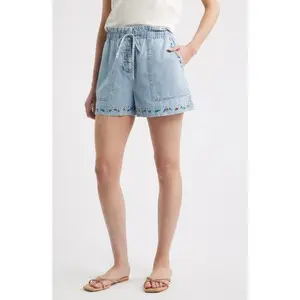 Rails Foster Paperbag Denim Shorts - Faded Indigo Floral Embroidery