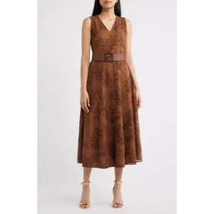 Anne Klein Embroidered Belted Fit & Flare Midi Dress - Chili