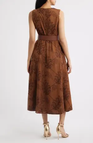 Anne Klein Embroidered Belted Fit & Flare Midi Dress