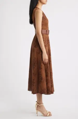 Anne Klein Embroidered Belted Fit & Flare Midi Dress