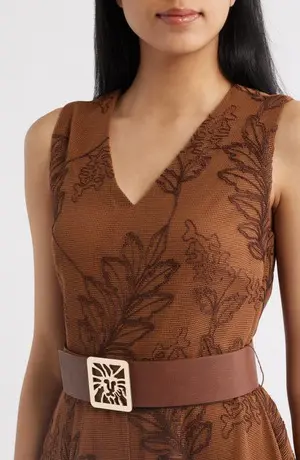 Anne Klein Embroidered Belted Fit & Flare Midi Dress