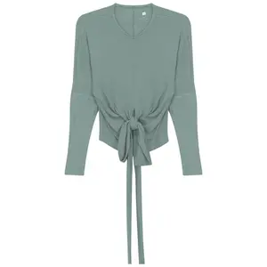 RIFF Ribbed Wrap Long Sleeve Stretch Top - Light Basil