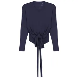 RIFF RIFF Ribbed Wrap Tie Long Sleeve Top Navy
