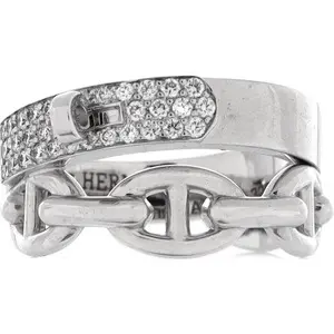 Hermès 18k White Gold Kelly Double Tour Ring With Pave Diamonds - Metallic Silver