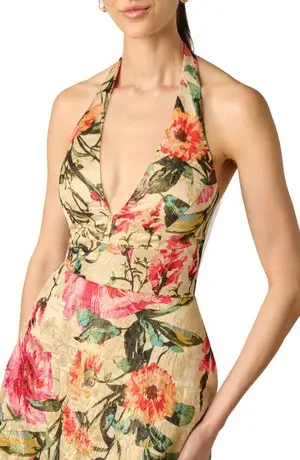 Aidan Mattox Metallic Floral Jacquard Halter Neck Gown