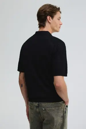 H&m Slim Fit Textured-knit Polo Shirt - Black