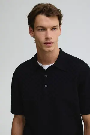 H&m Slim Fit Textured-knit Polo Shirt - Black