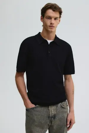 H&m Slim Fit Textured-knit Polo Shirt - Black