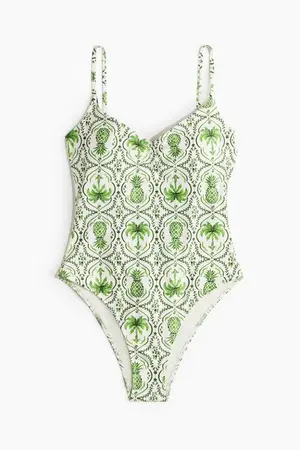 H&m Padded-cup Swimsuit - White/green Patterned