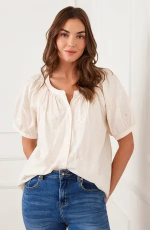 Karen Kane Floral Embroidered Peasant Top