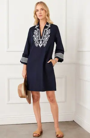 Karen Kane Embroidered Shift Dress With Spread Collar And Pockets