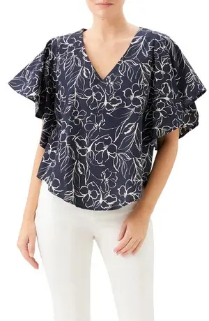 Karen Kane Flutter Sleeve V-neck Cotton Top - Print