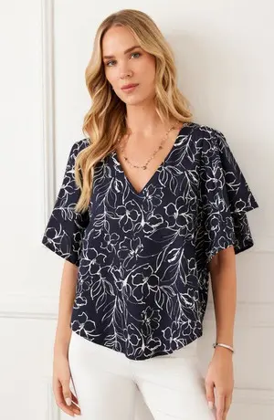Karen Kane Flutter Sleeve V-neck Cotton Top