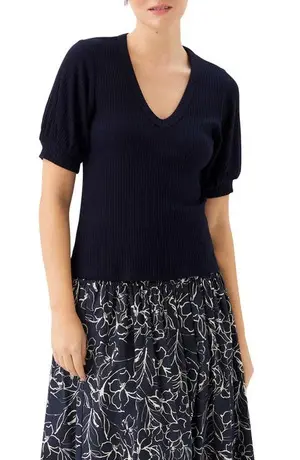 Karen Kane Puff Sleeve Ribbed V-neck Top - Navy