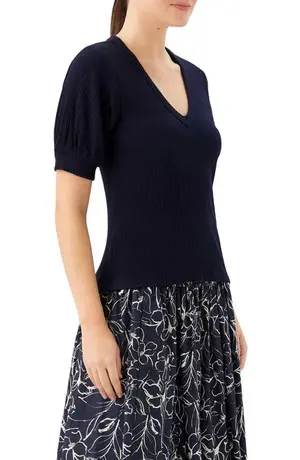 Karen Kane Puff Sleeve Ribbed V-neck Top