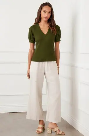 Karen Kane Puff Sleeve Ribbed V-neck Top - Olive