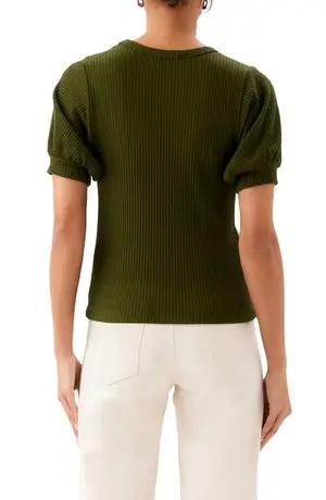 Karen Kane Puff Sleeve Ribbed V-neck Top - Olive