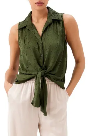 Karen Kane Sleeveless Tie Front Crushed Satin Top - Olive