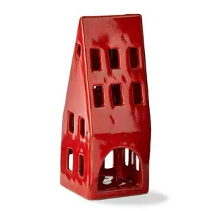 10003091 House Tealight Holder Large Stoneware Christmas - Red