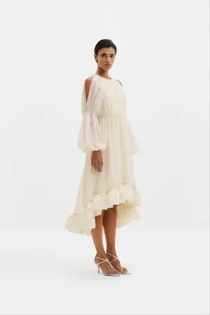 MALINA Leontine Pouf Sleeve Ruffled Midi Dress - Pearl