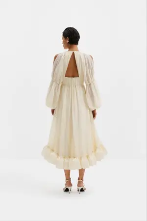 MALINA Leontine Pouf Sleeve Ruffled Midi Dress
