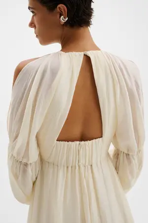 MALINA Leontine Pouf Sleeve Ruffled Midi Dress