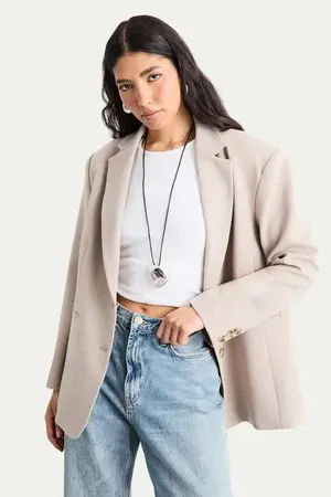WAREHOUSE Single Breasted Oversized Blazer - Stone