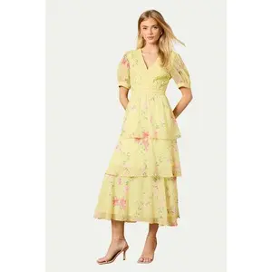 OASIS Lace Bodice Tiered Midi Dress - Chartreuse