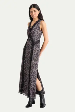 WAREHOUSE Printed Lace Trim V-neck Midi Dress - Snake