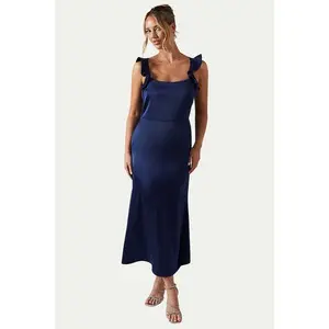 OASIS Satin Ruffled Square Neck Midi Dress - Navy