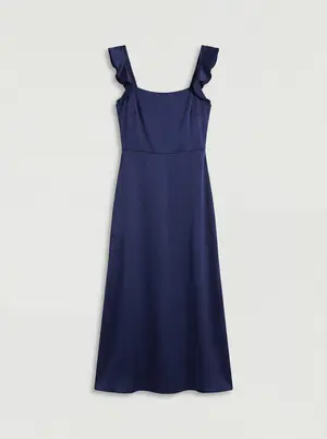 OASIS Satin Ruffled Square Neck Midi Dress - Navy