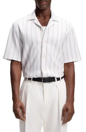 BOSS Lars Relaxed Fit Camp Shirt - Open Beige