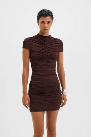 MALINA Loana Draped Chiffon Mini Dress - Espresso