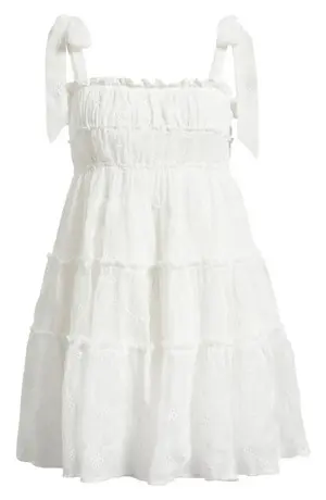 ALL IN FAVOR Tiered Eyelet Mini Sundress With Tie Straps - Ivory