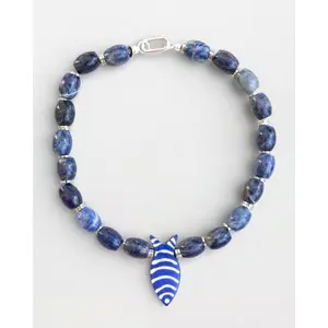 BY LILLA Poseidon Beaded Necklace With Fish Pendant - Navy