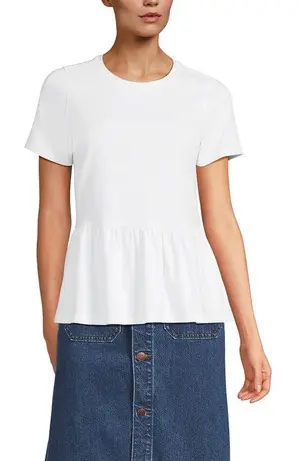 LANDS' END Short Sleeve Lightweight Jersey Crew Neck Peplum Tee - White