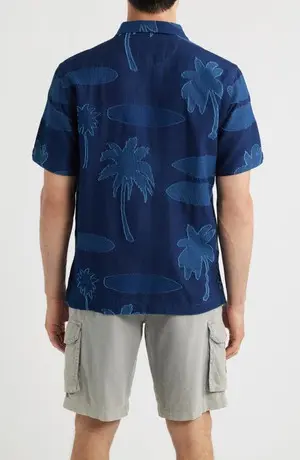 Tommy Bahama Destination Indigo Palm Tree Print Cotton Jacquard Camp Shirt