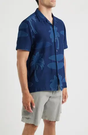 Tommy Bahama Destination Indigo Palm Tree Print Cotton Jacquard Camp Shirt