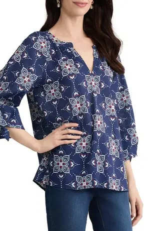 Jones New York Printed Tie Cuff Raglan Sleeve Cotton Top