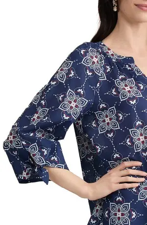 Jones New York Printed Tie Cuff Raglan Sleeve Cotton Top