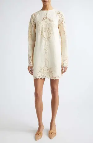 Ulla Johnson Camie Lace Long Sleeve Shift Mini Dress - Ivory