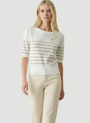 Majestic Filatures Stretch Linen Stripe Knit Boatneck 3/4 Sleeve