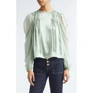 Ulla Johnson Odette Pleated Silk Sheer Balloon Sleeve Top - Celadon