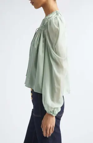 Ulla Johnson Odette Pleated Silk Sheer Balloon Sleeve Top