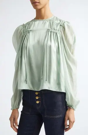 Ulla Johnson Odette Pleated Silk Sheer Balloon Sleeve Top