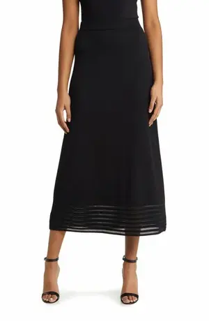 Ming Wang A-line Knit Skirt With Striped Mesh Hem - Black