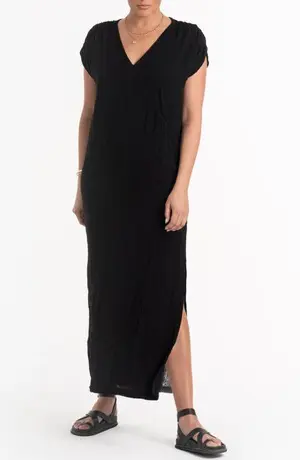 OCEAN+MAIN Gathered Shoulder Tie Back Dress - Black