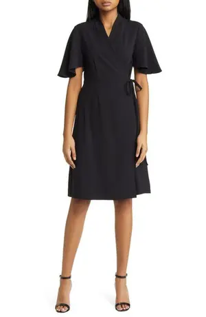 Ming Wang Wrap Dress With Butterfly Sleeves - Black