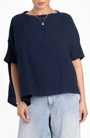 OCEAN+MAIN Square Gauze Top - Navy