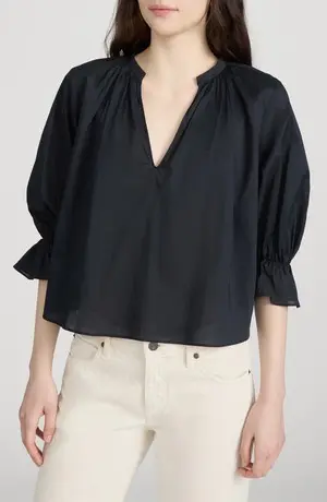FRAME The Poet Ruffle Sleeve Cotton Top - Navy
